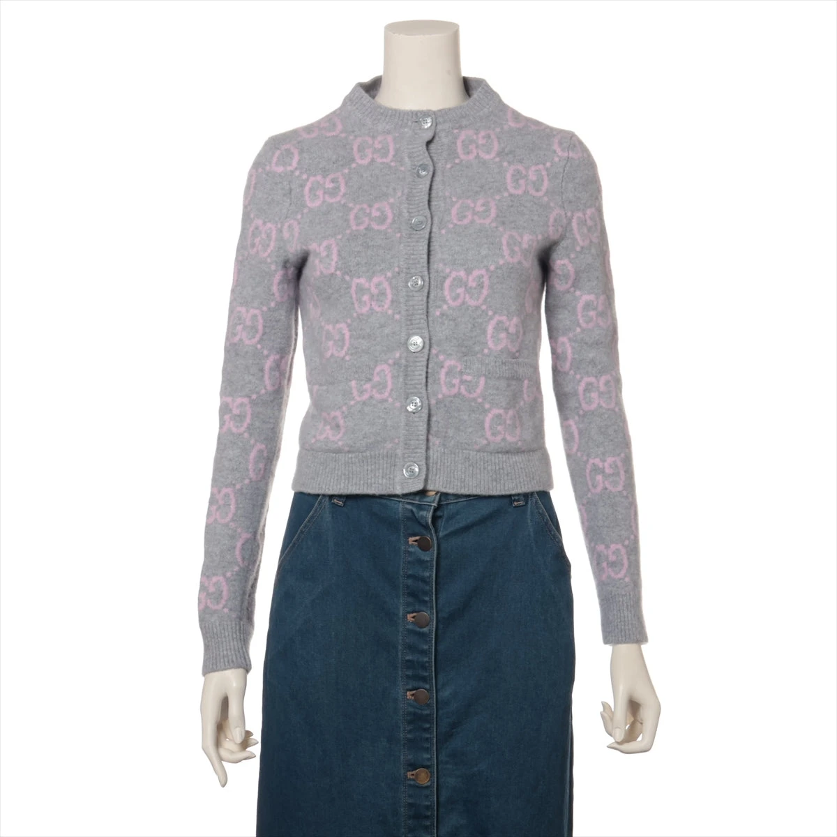 グッチ GG ウール カーディガン M レディース ピンク×グレー 772886